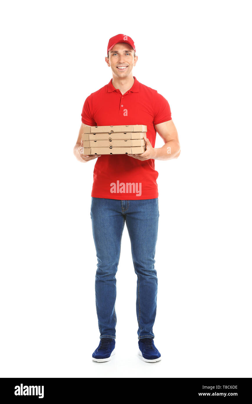 Man with pizza boxes on white background. Food delivery service Stock ...