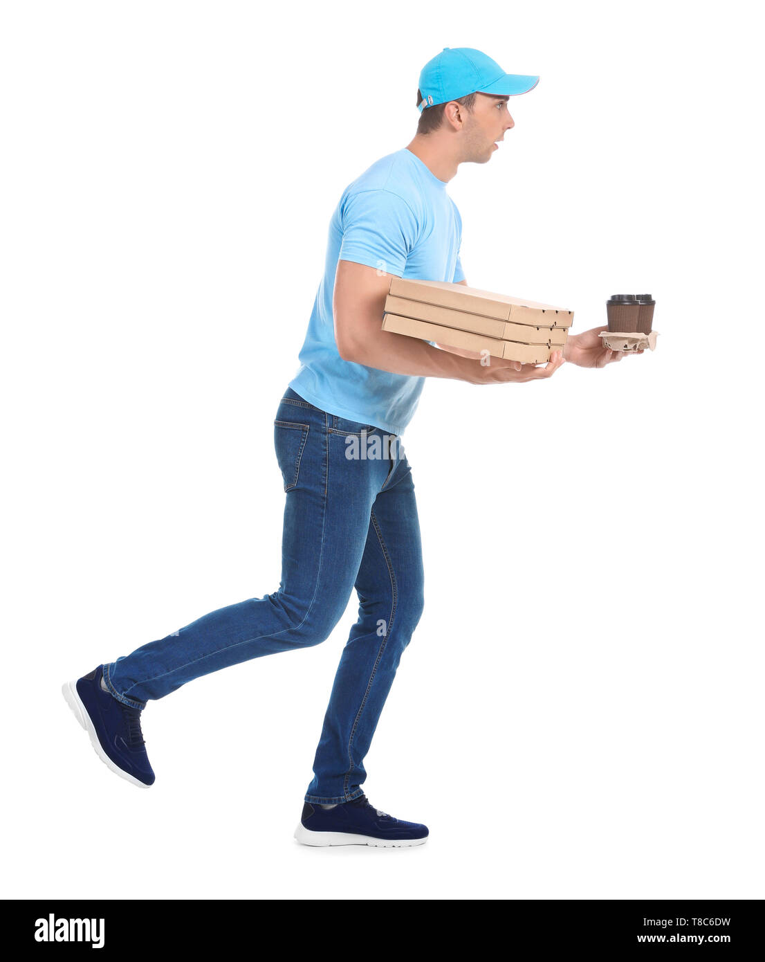 Running delivery man with pizza boxes and cups of coffee on white ...