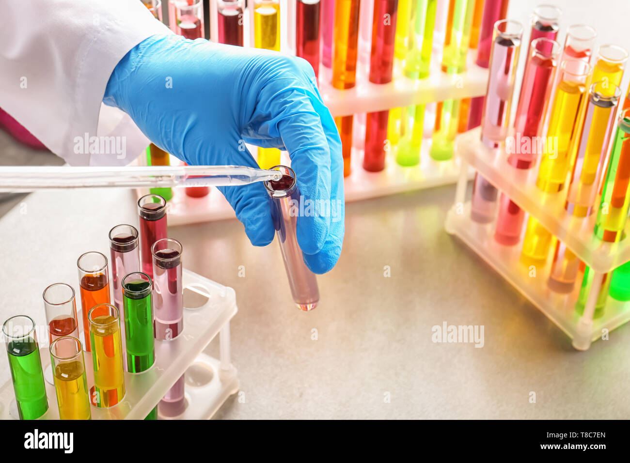 Scientist working with color sample in laboratory, closeup Stock Photo ...