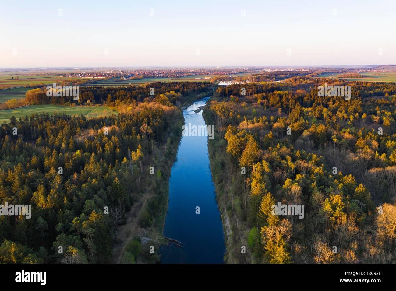 River landscape, Wertach near Inningen at sunrise, near Augsburg, drone ...