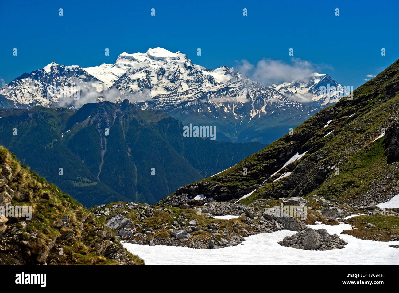 Grand Combin massif over the Rhone valley, mountain peaks with snow ...