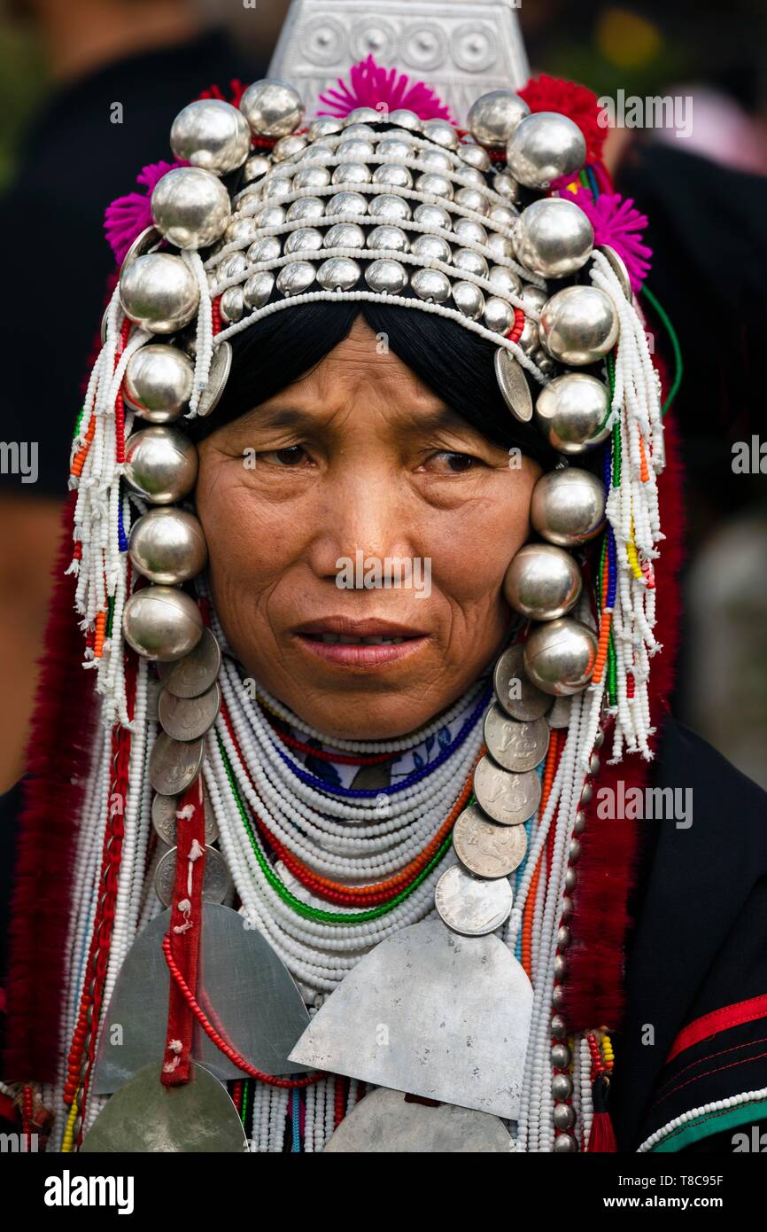 Akha woman, Lomue headdress, traditional clothes, portrait, headgear ...