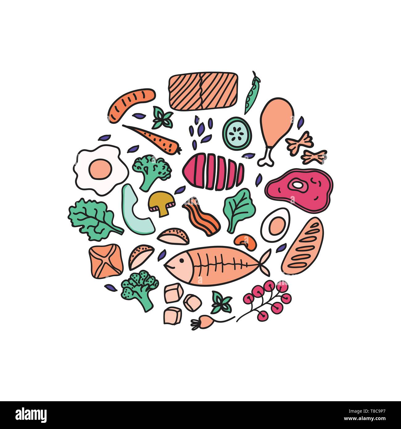 Round print with hand drawn food. Vector illustration background ...