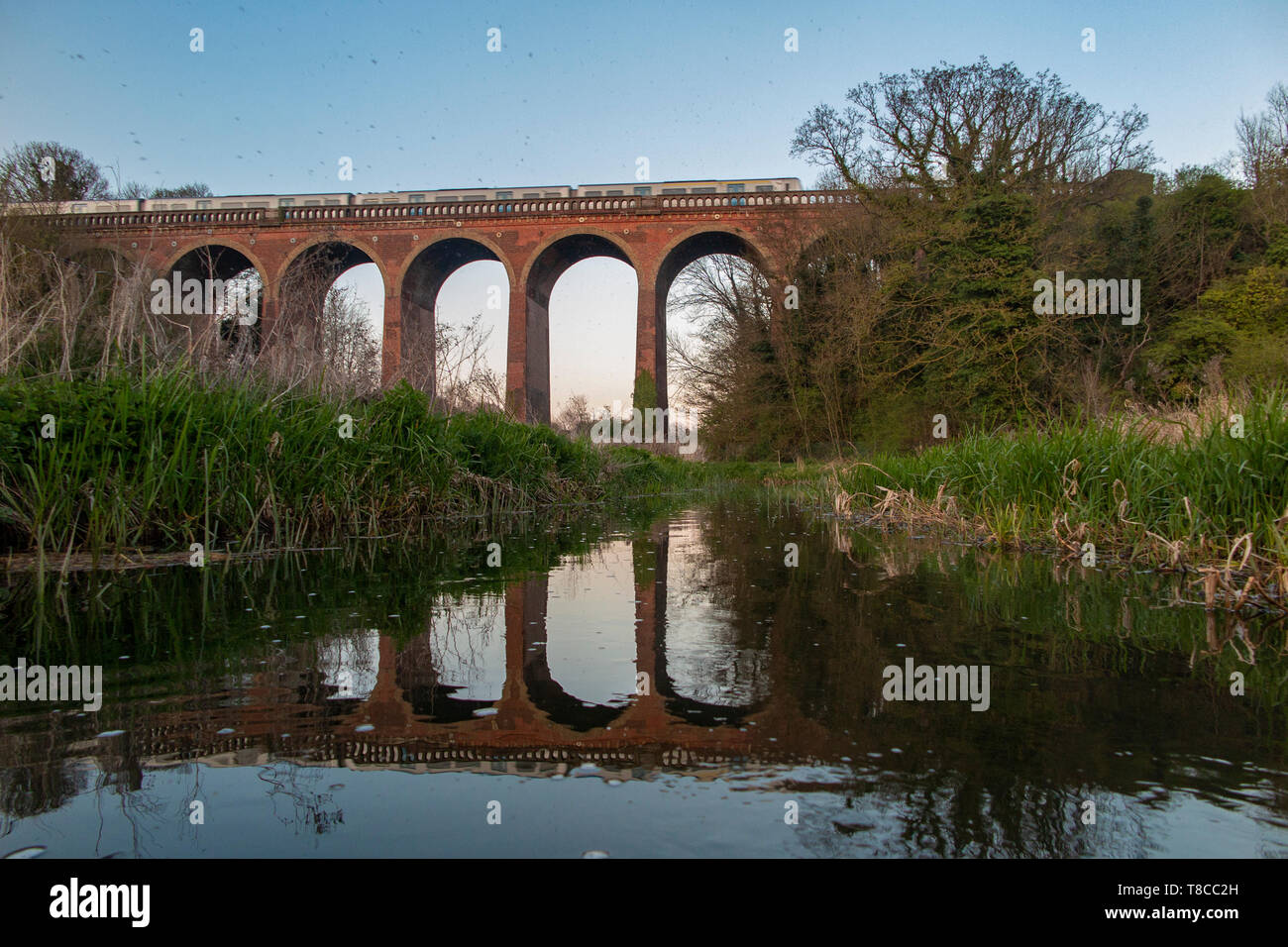 A train crosses Eynsford viaduct over the River Darent in Kent on a ...