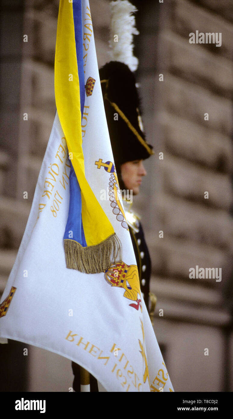 SWEDISH SOLDIER with regiment flag outside swedish parliament Stock ...