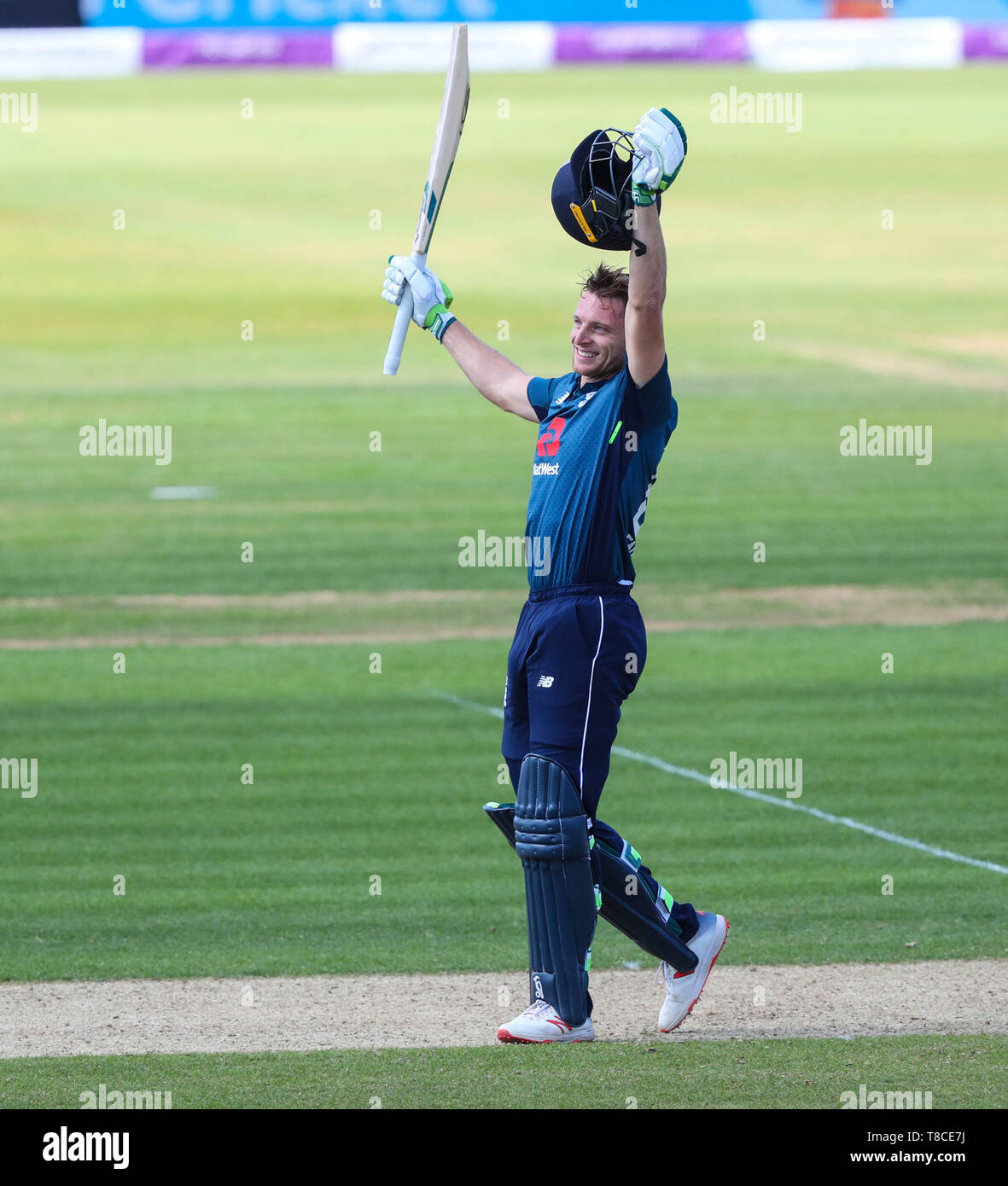SOUTHAMPTON, ENGLAND. MAY 11 2019: Joss Buttler celebrates scoring a ...