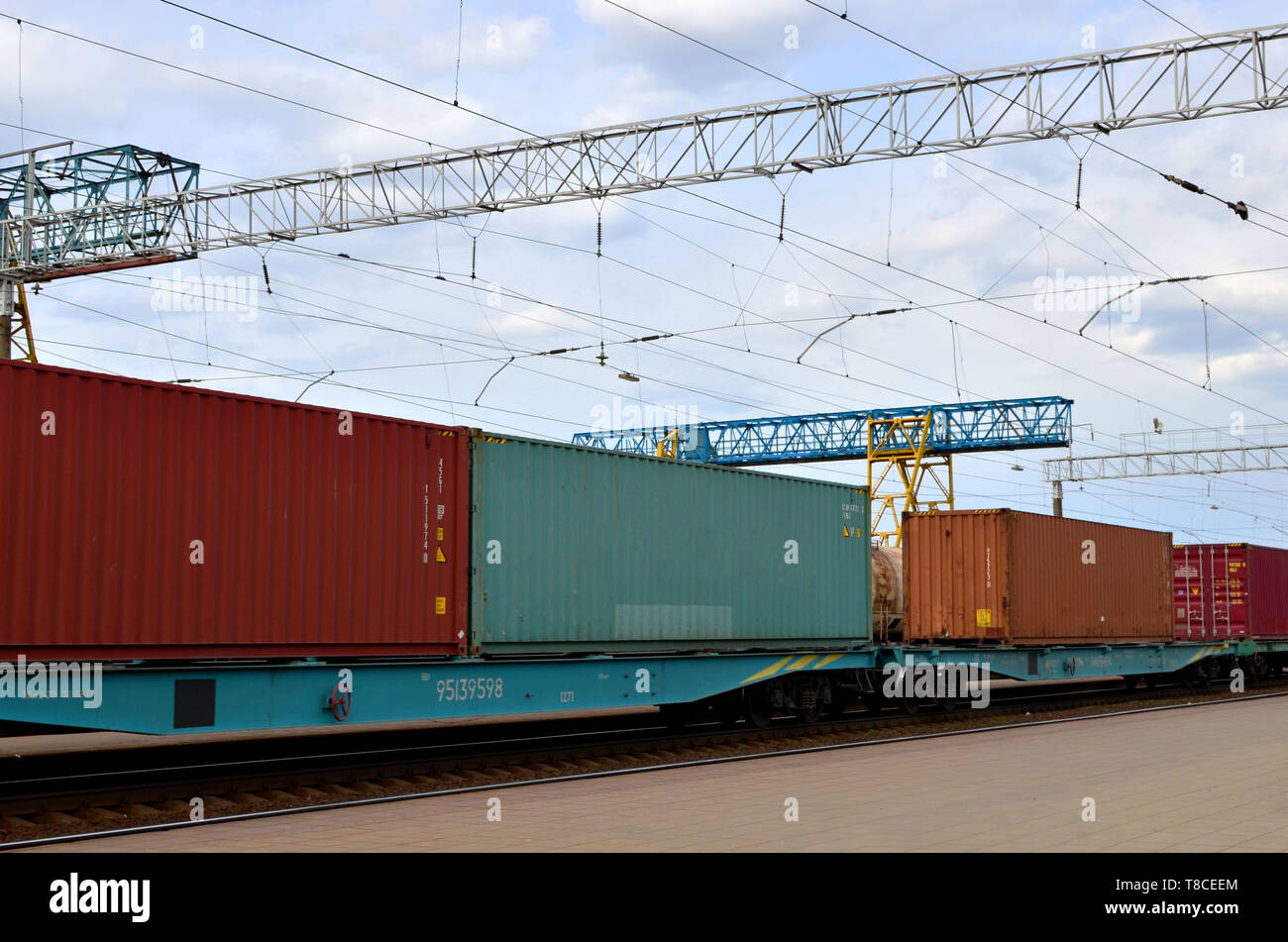 Freight train, transportation of railway cars by cargo containers ...