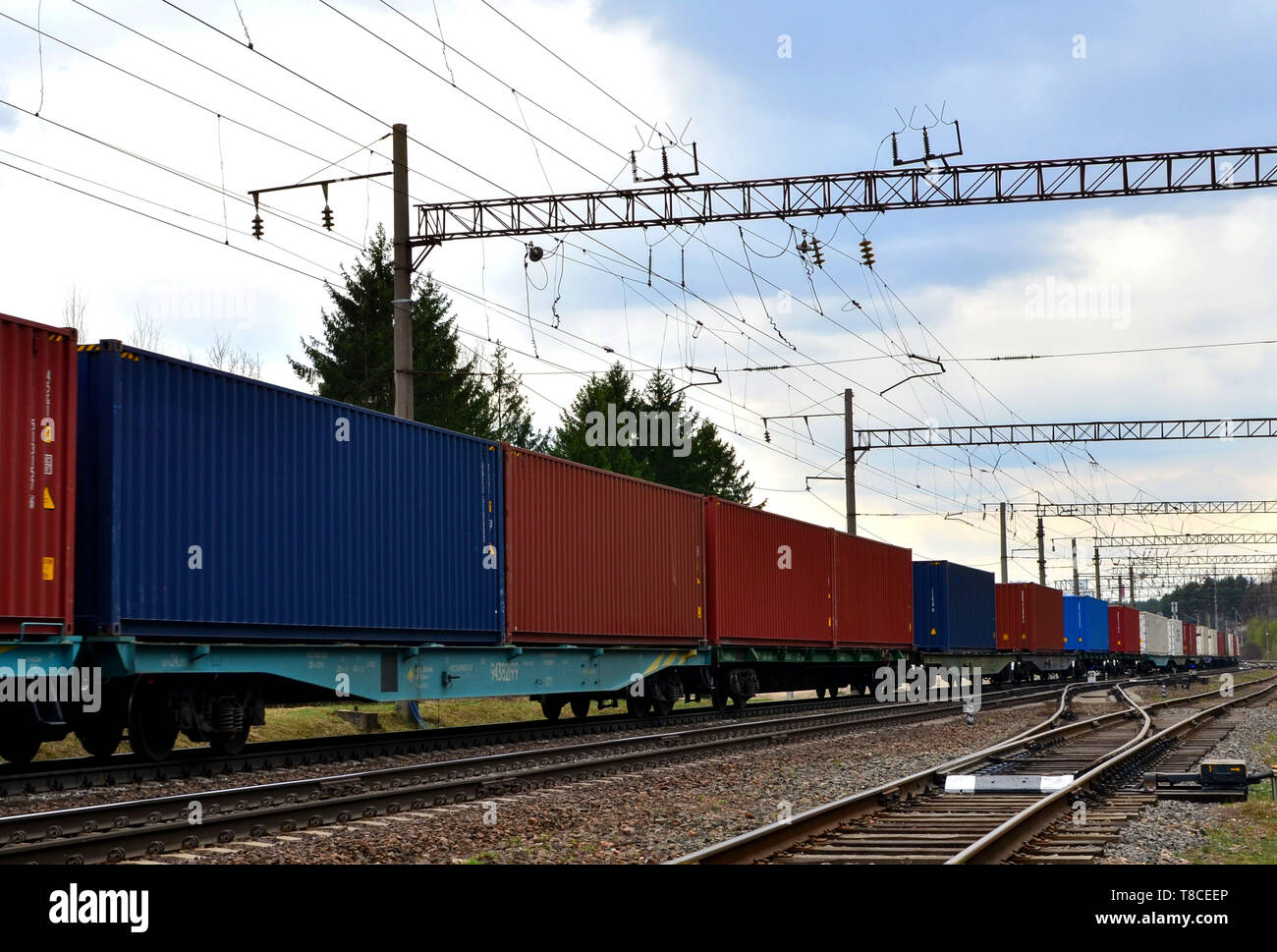 Freight train, transportation of railway cars by cargo containers ...