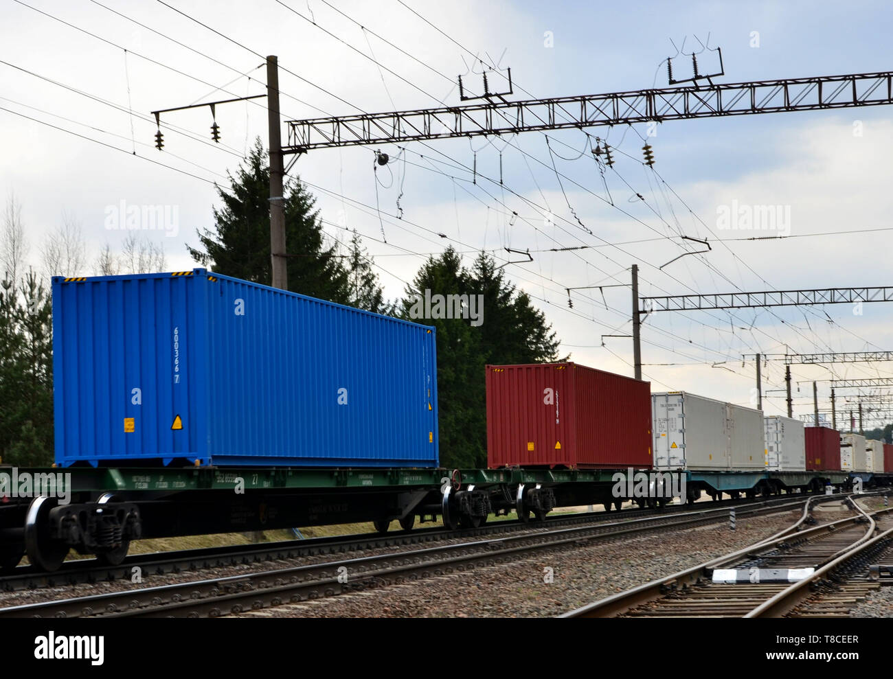 Freight train, transportation of railway cars by cargo containers ...