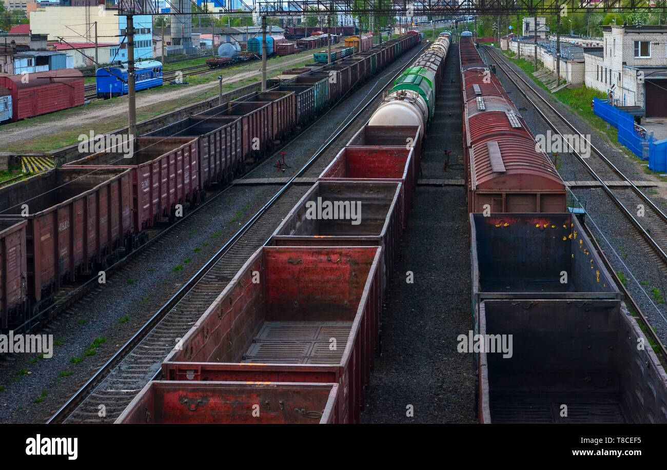Cargo train in sorting freight railway station, rail freight transport ...