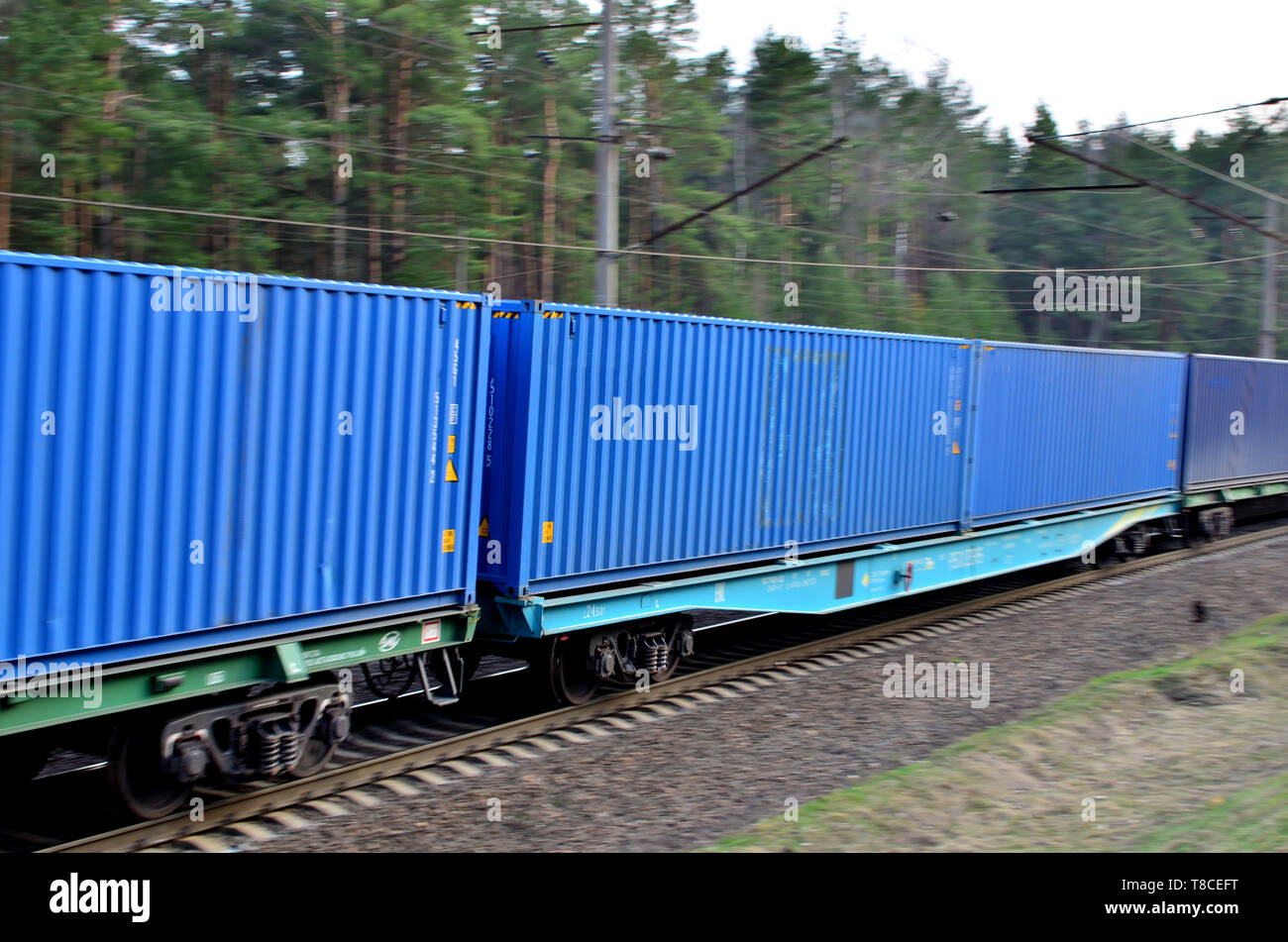 Freight train, transportation of railway cars by cargo containers ...