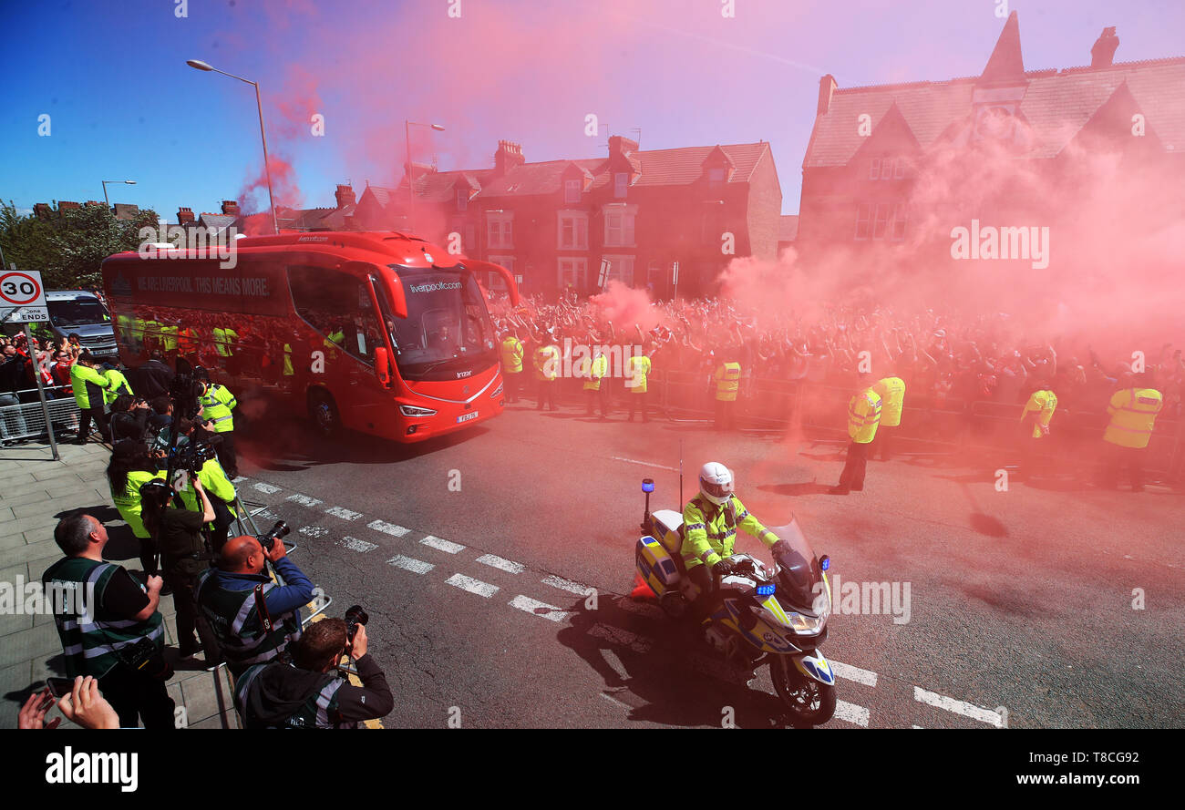 The Liverpool team bus arrives for the Premier League match at Anfield ...