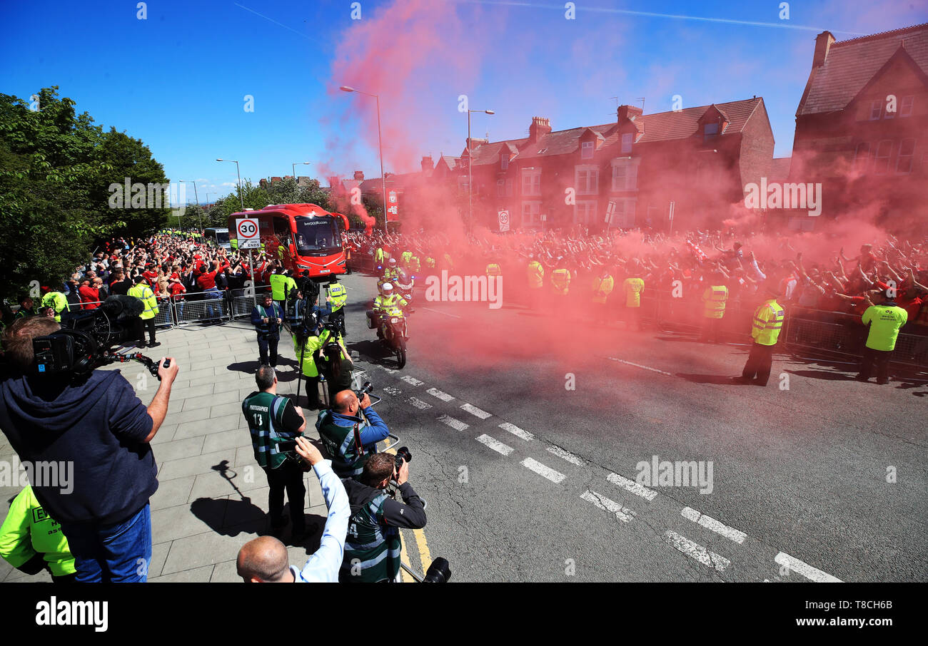 The Liverpool team bus arrives for the Premier League match at Anfield ...