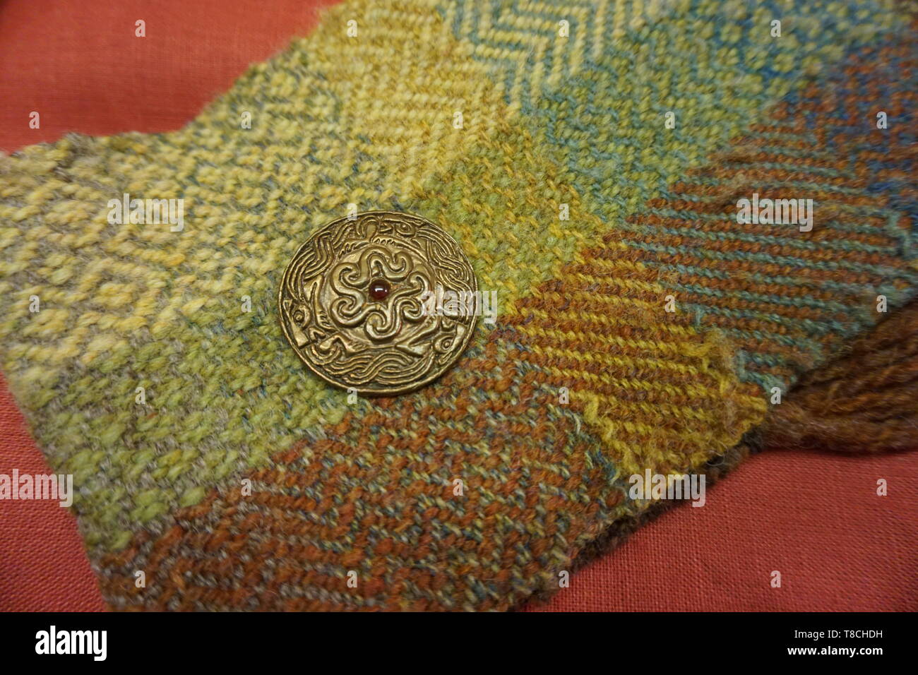 anglo saxon and viking belt fabric hanger and bronze brooch, hand woven ...