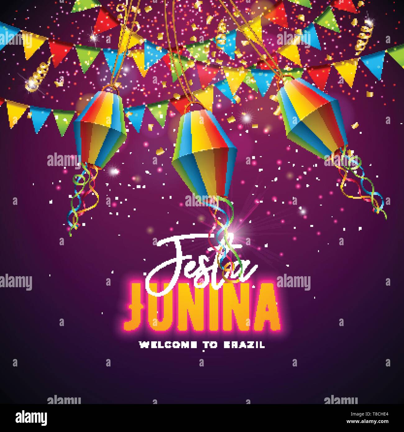 Festa Junina Illustration with Flags and Paper Lantern on Confetti ...
