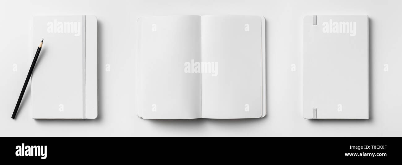 Design concept - top view of open and close white notebook with elastic ...