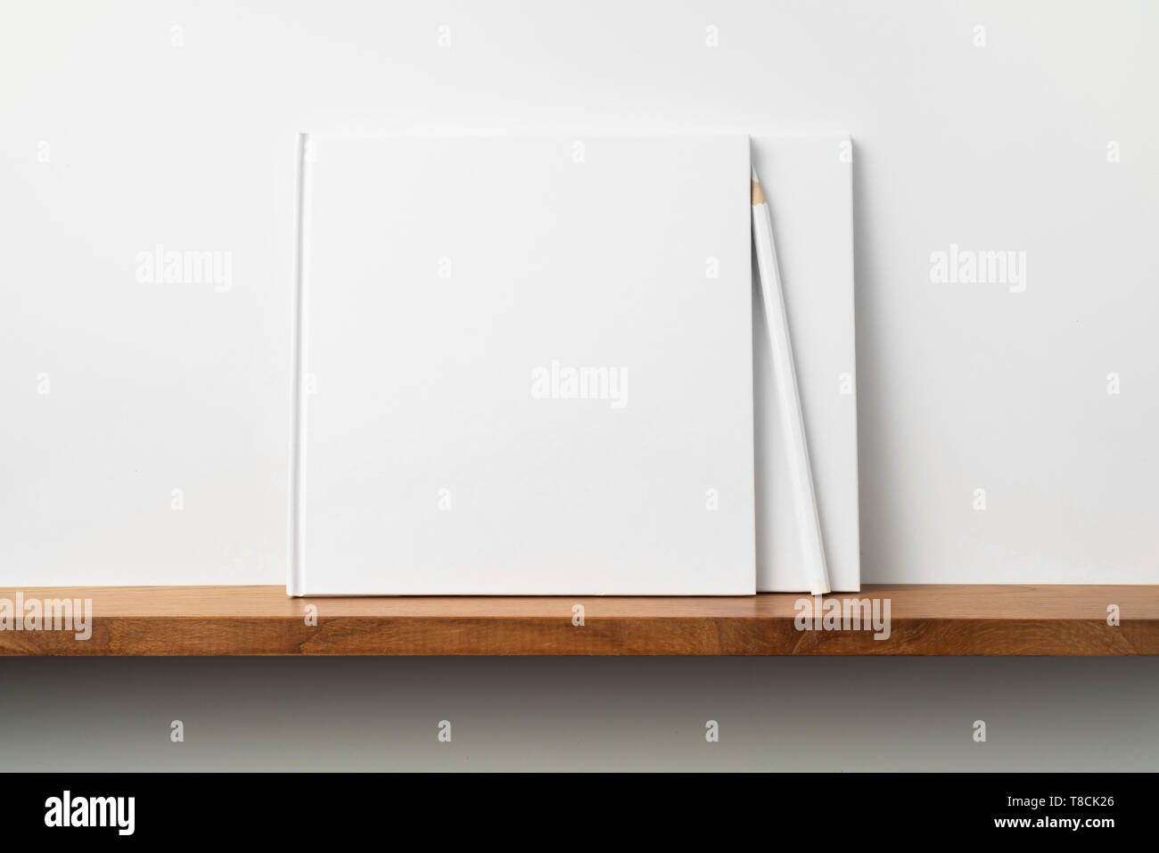 Design concept - front view of two square white notebook on bookshelf ...