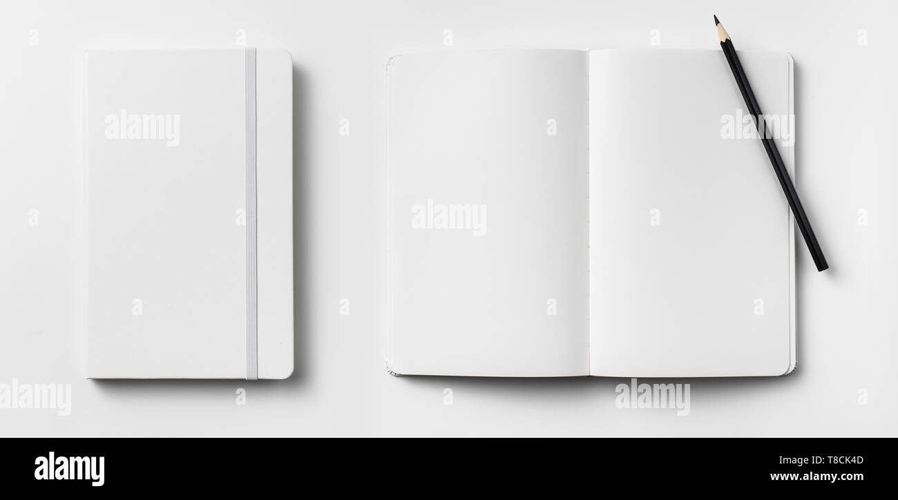 Design concept - top view of open and close white notebook with elastic ...