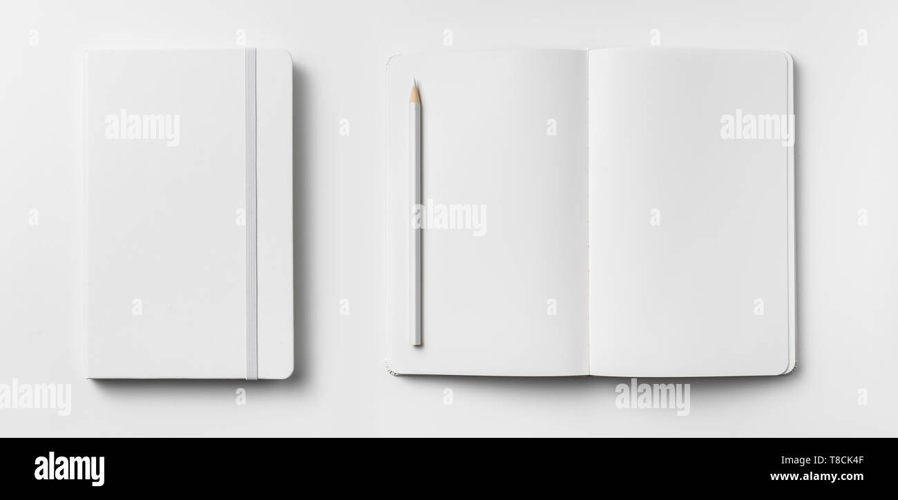 Design concept - top view of open and close white notebook with elastic ...