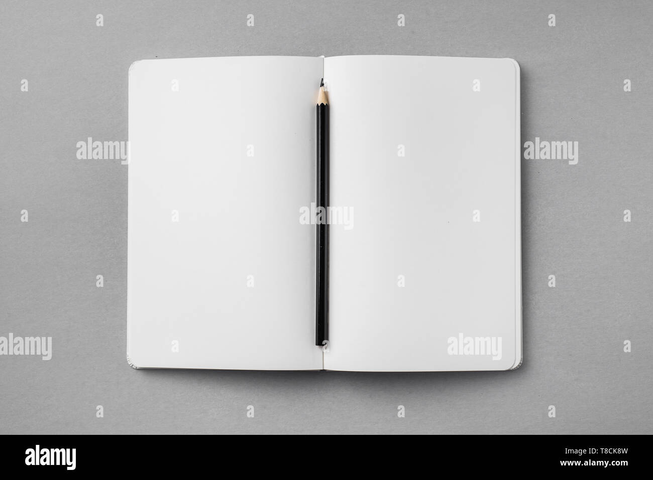 Design concept - top view of open white notebook with blank page and ...