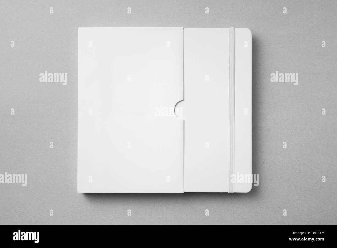 Design concept - top view of close white notebook with elastic band ...
