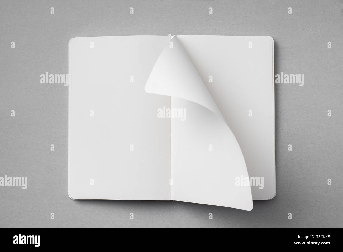 Design concept - top view of white notebook with blank open, turn and ...