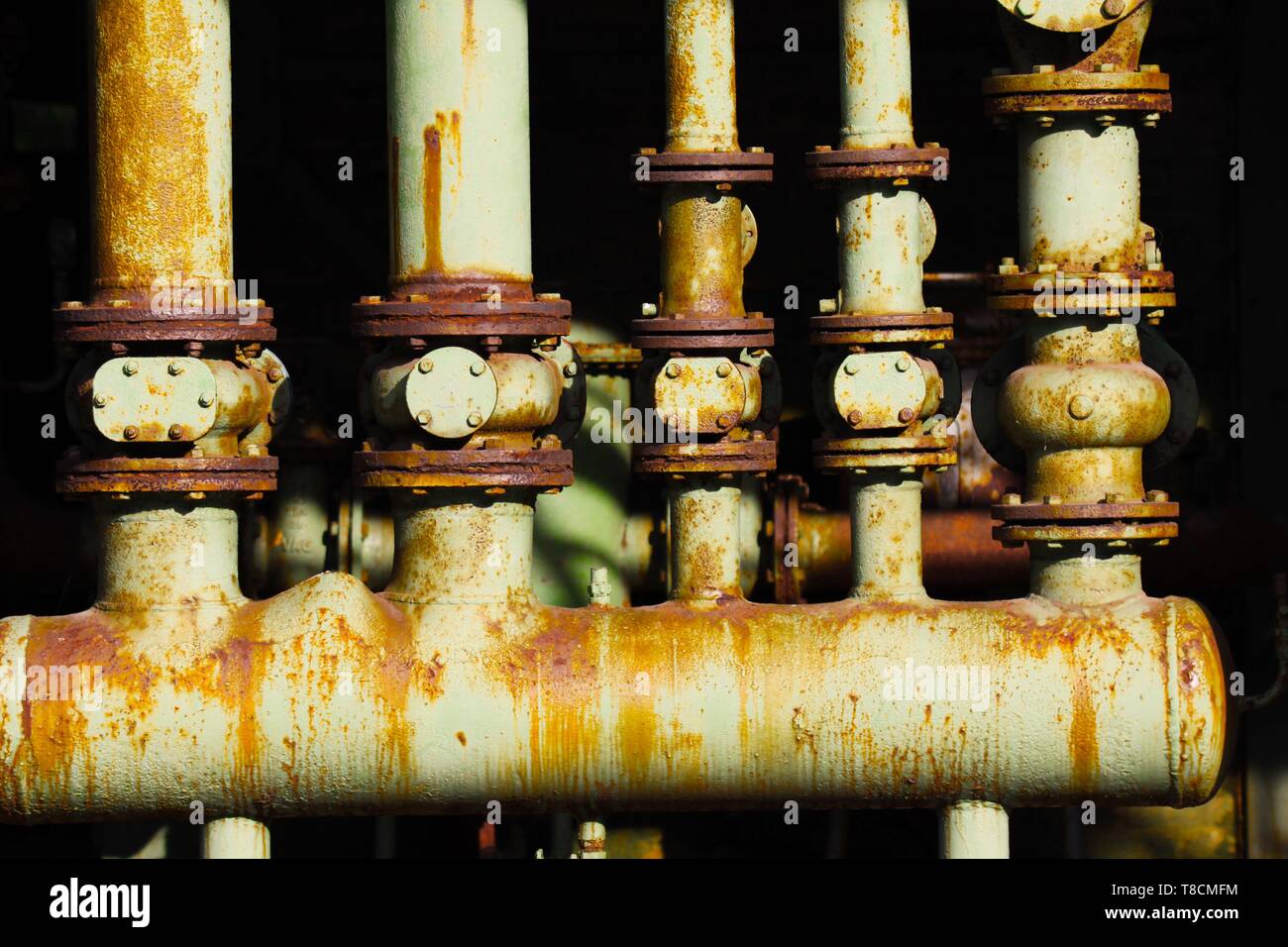 Landschaftspark Duisburg, Germany: Close up of rusty corroded tube ...