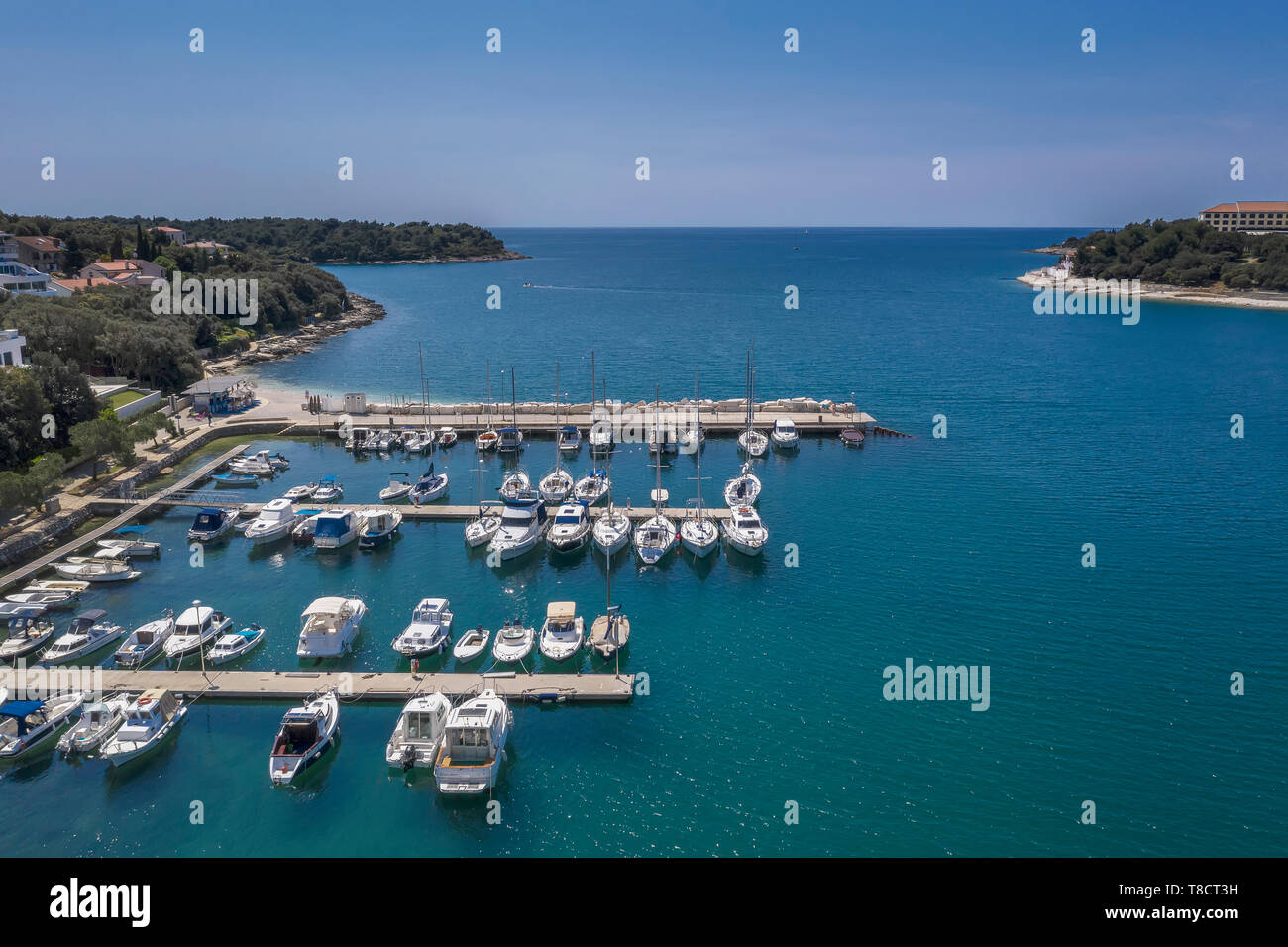 Aerial shot of marina in Pjescana Uvala and Verudela resort in Pula ...
