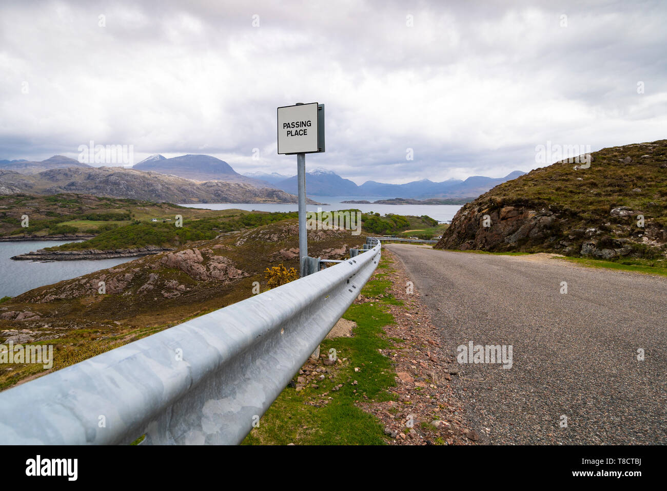 Single track highway and passing place on the North Coast 500 scenic ...