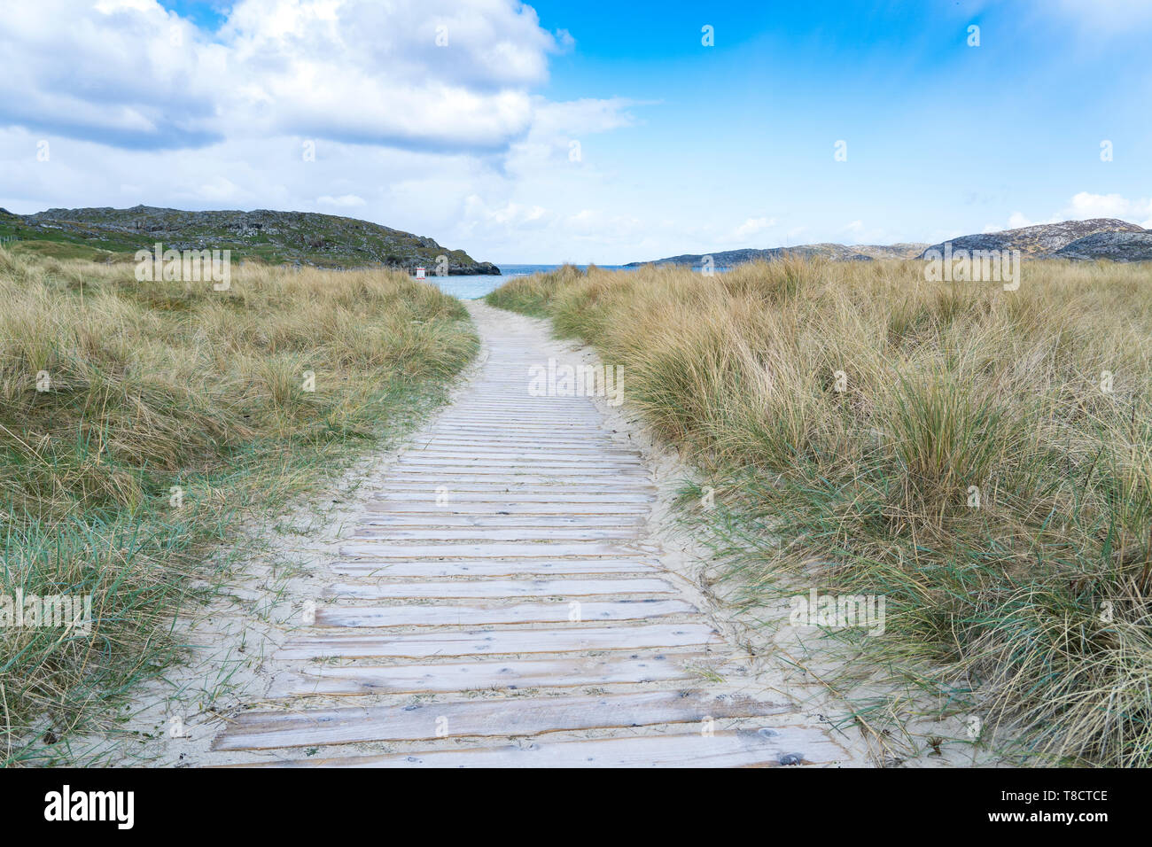 Footpath in sand dunes leading to beach at Clachtoll in Assynt on the ...