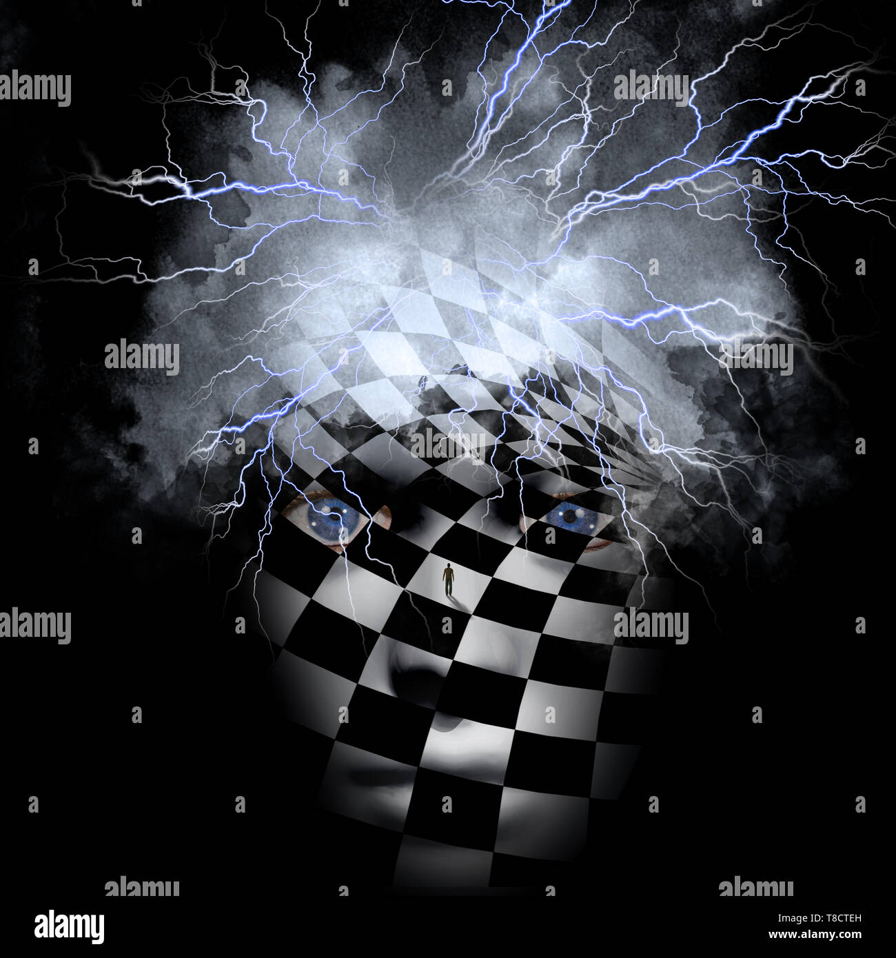 Checkered face with lightnings and cloud Stock Photo - Alamy
