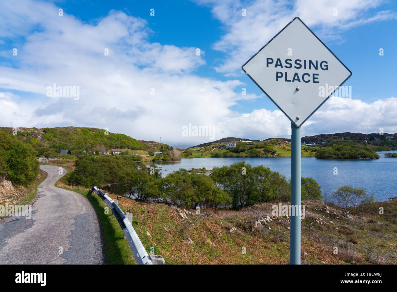 Single track road and passing place at Stoer on the North Coast 500 ...