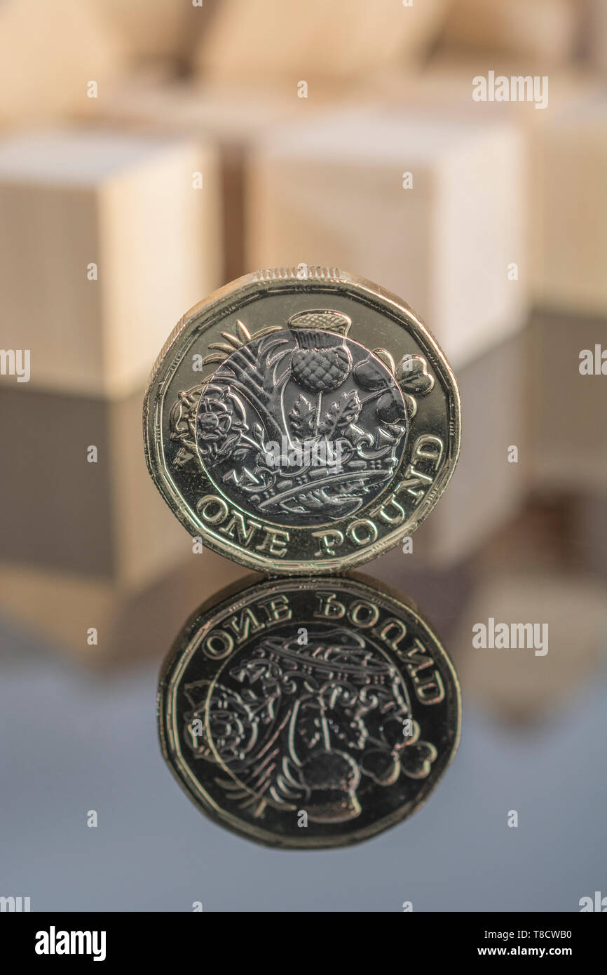 UK New Pound coin on reflective background with scattered wood bricks ...