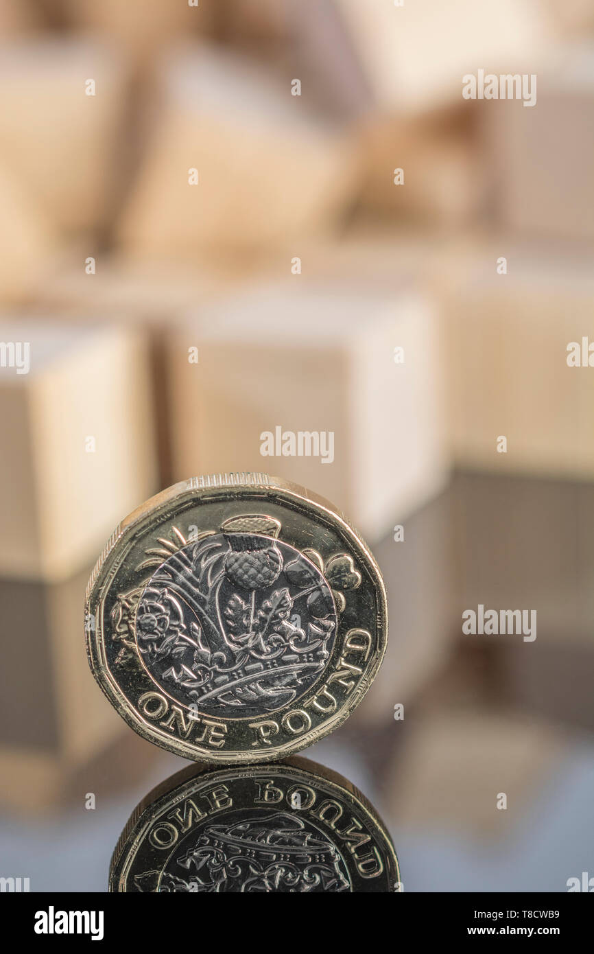 UK New Pound coin on reflective background with scattered wood bricks ...