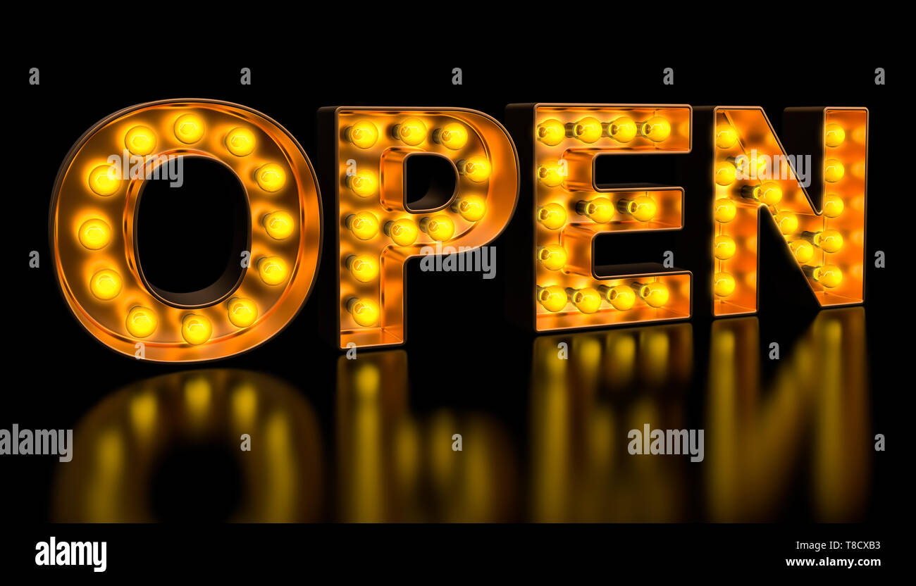 Open signboard from golden light bulb letters, retro glowing font. 3D ...