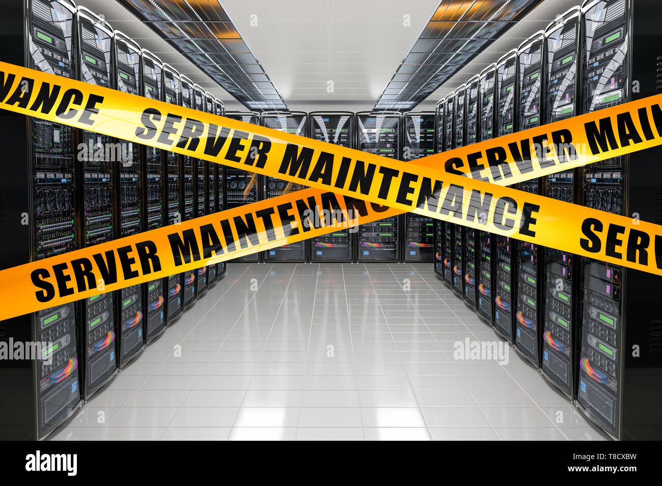 Server Maintenance concept. Server racks with yellow barrier tapes, 3D ...