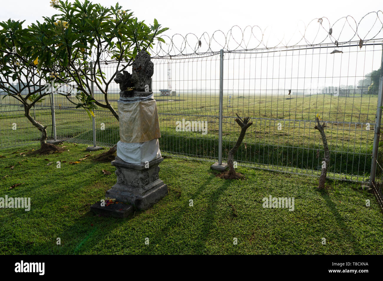 A statue or small hindu's temple with it shadow, beside the frangipani ...