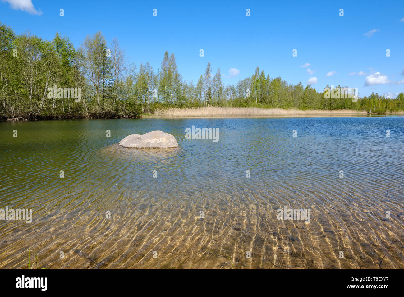 clear transparent water lake with sand bottom and large rock in the ...