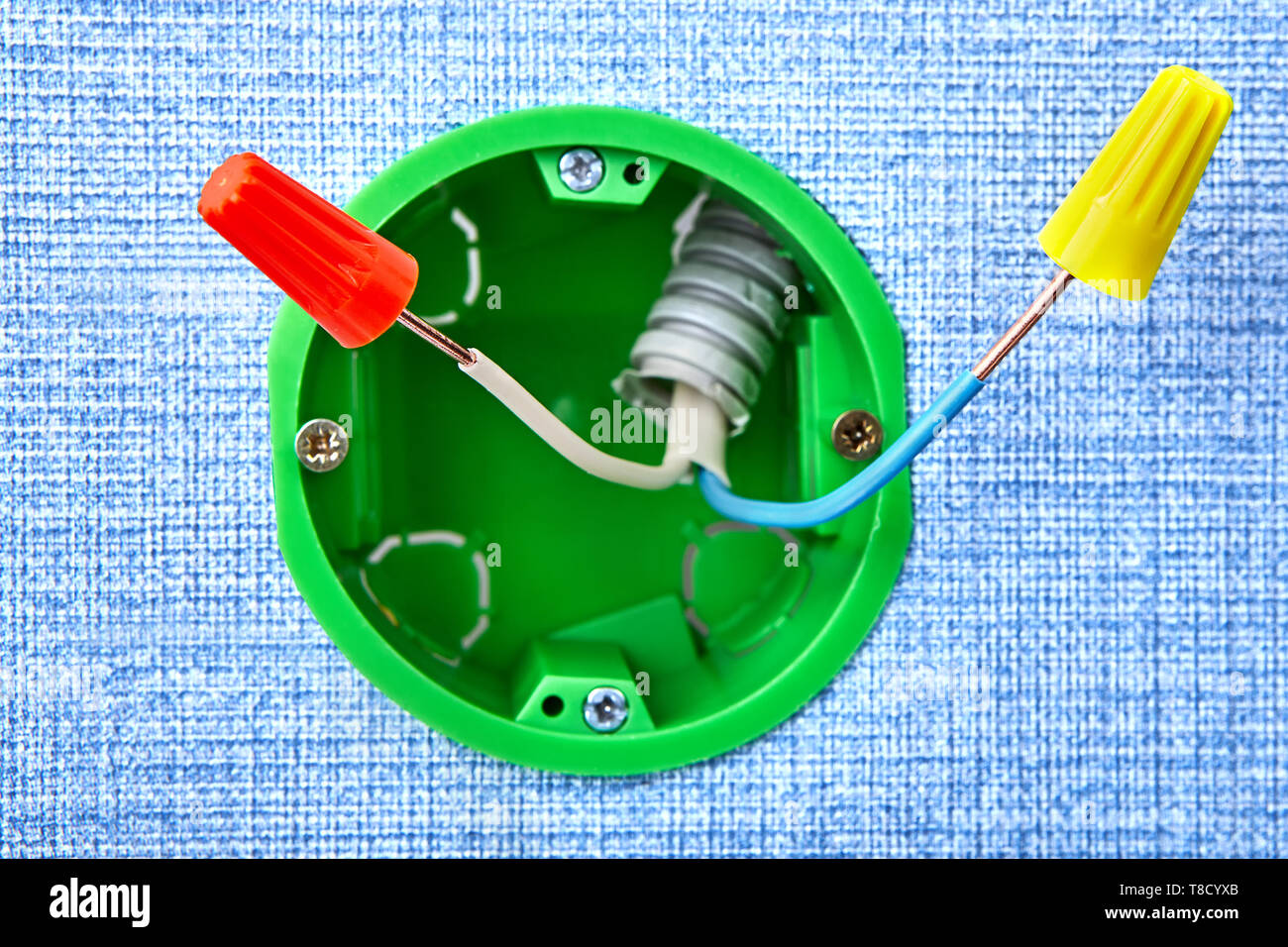Installation of round electrical box, copper wiring with electrical ...