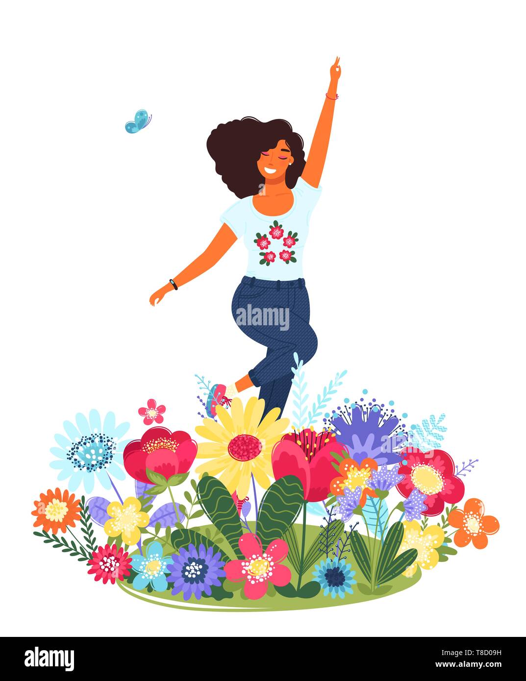 Vector template with happy woman and flowers. Modern flat colorful ...