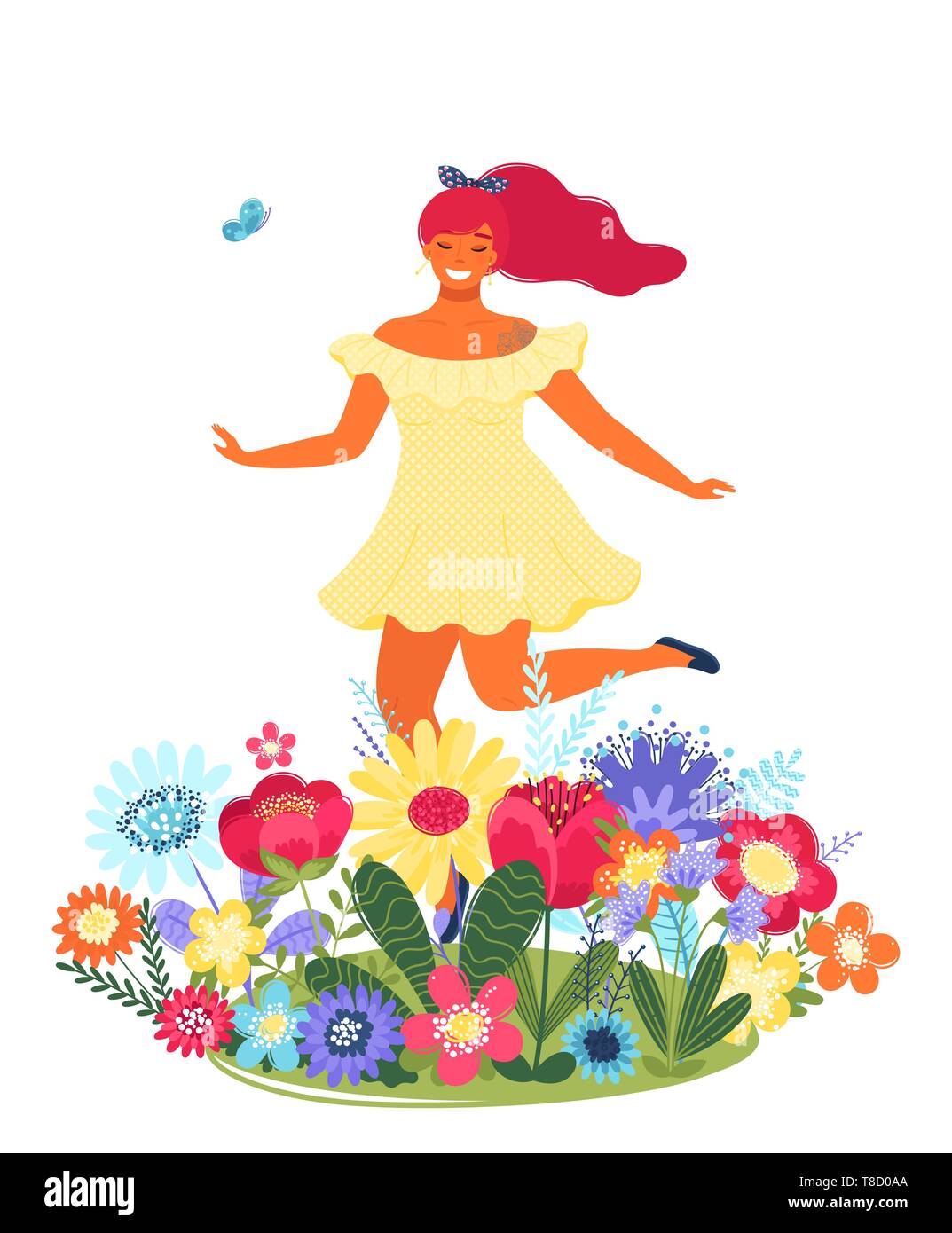 Vector template with happy woman and flowers. Modern flat colorful ...