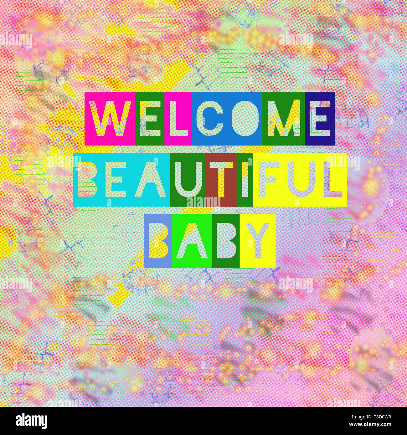 Welcome beautiful baby text on pale pink background with glowing spots ...