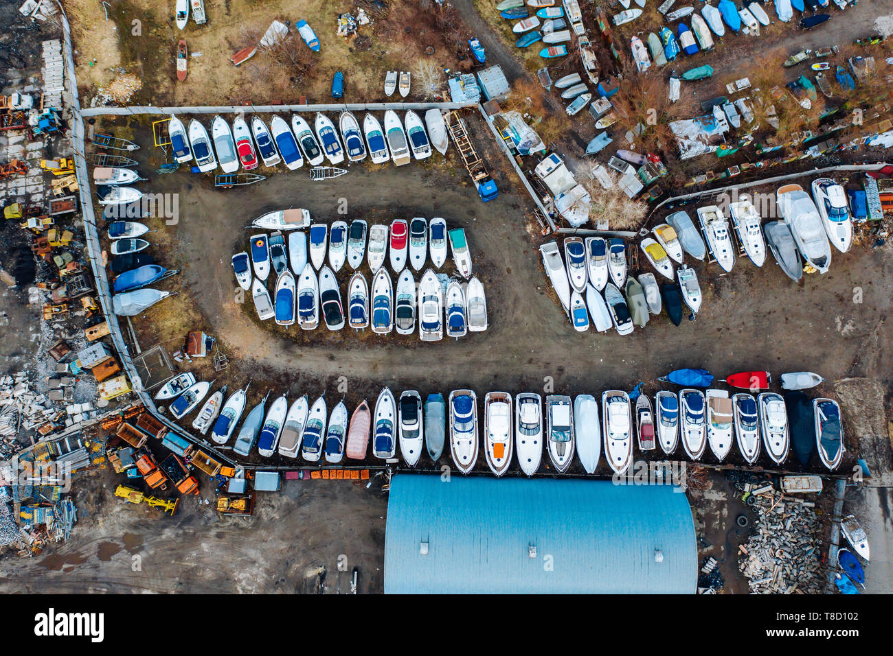 Aerial view of boat yard on land. Stored ships during winter time Stock ...