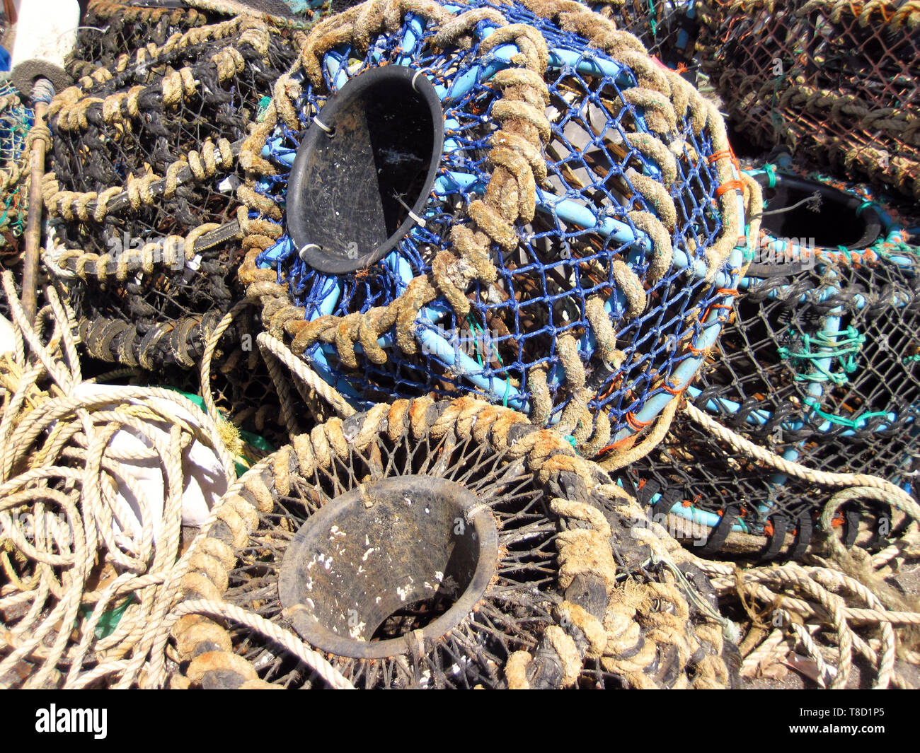 Colourful rope fish, crab mesh traps in a pile Stock Photo - Alamy