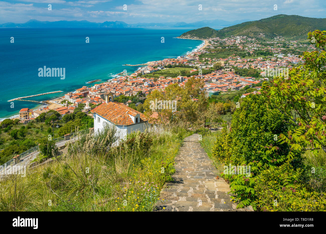 Panoramic view of the Cilento coastline from Castellabate. Campania ...