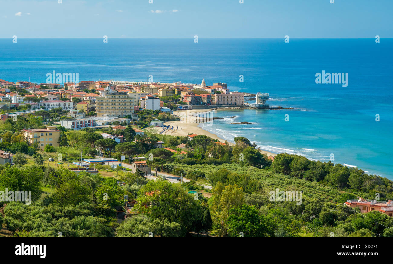 Panoramic view of Acciaroli and the Cilento coastline. Campania ...