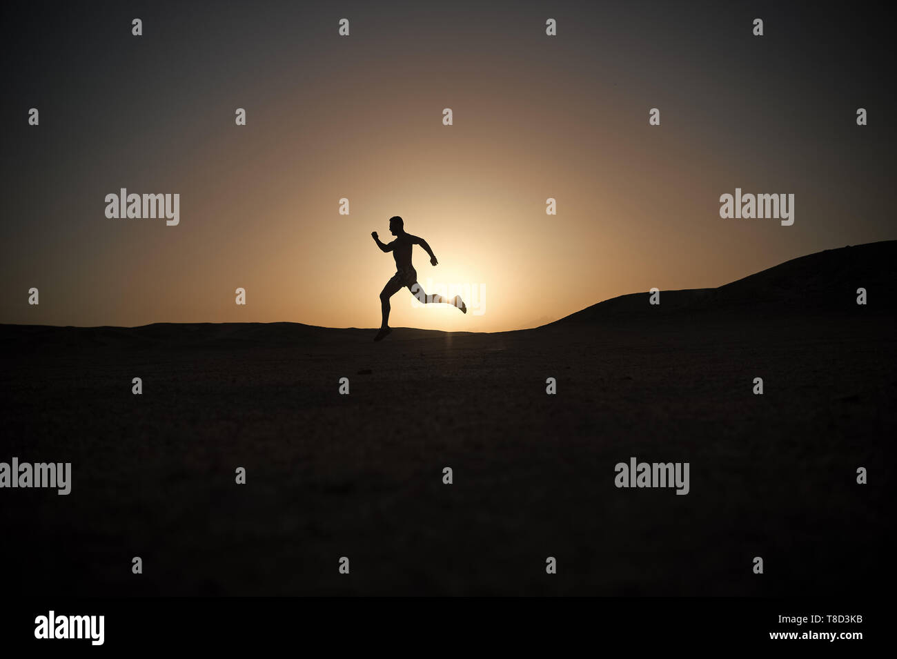 man running silhouette on sunset background, young caucasian run in ...