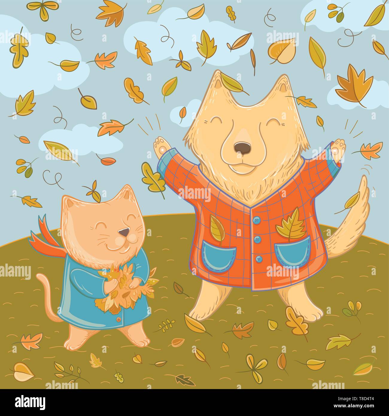 Vector illustration of september with funny dog and cat. Autumn fun for ...