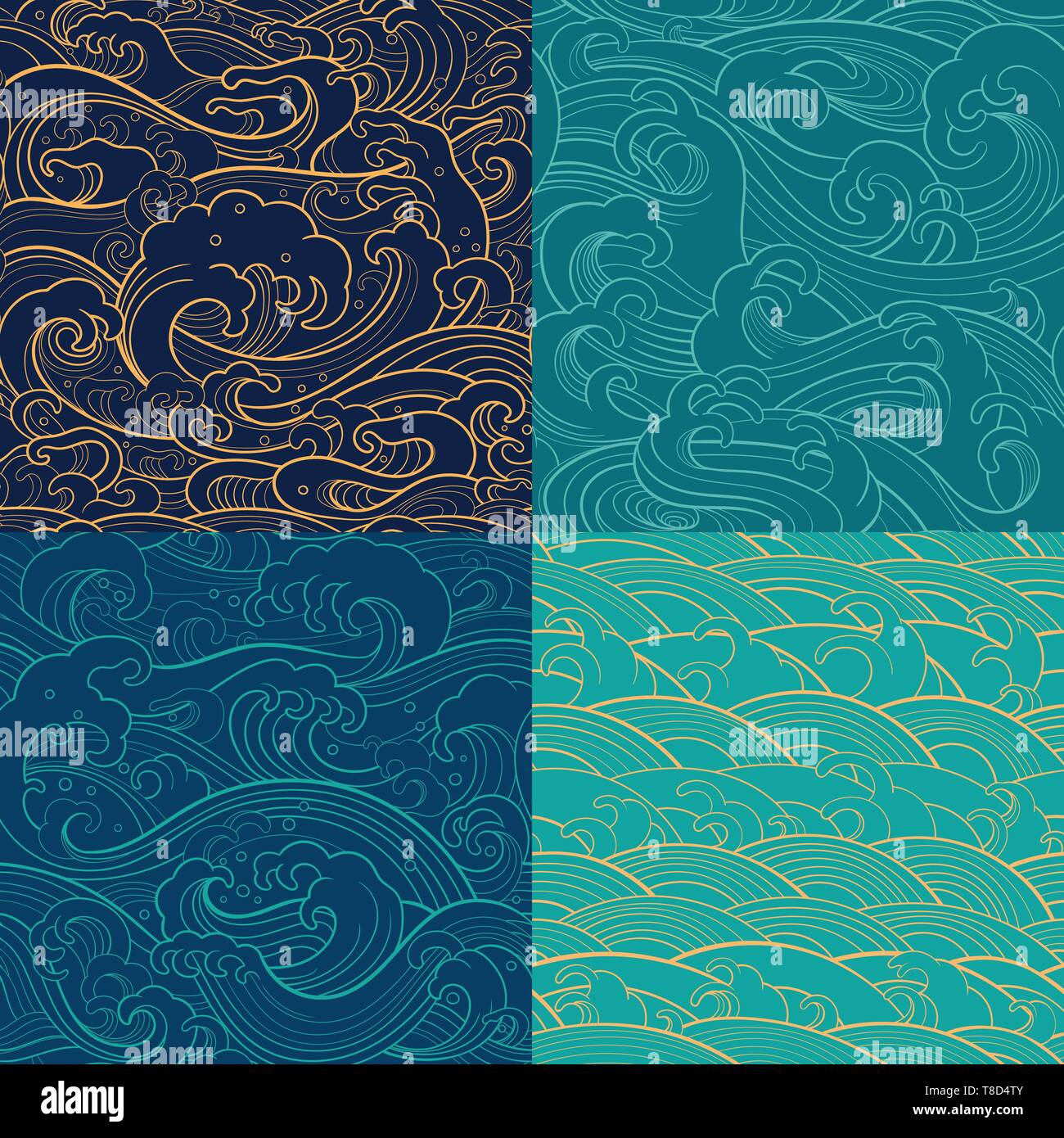Traditional oriental seamless contour patterns with ocean waves, foam ...
