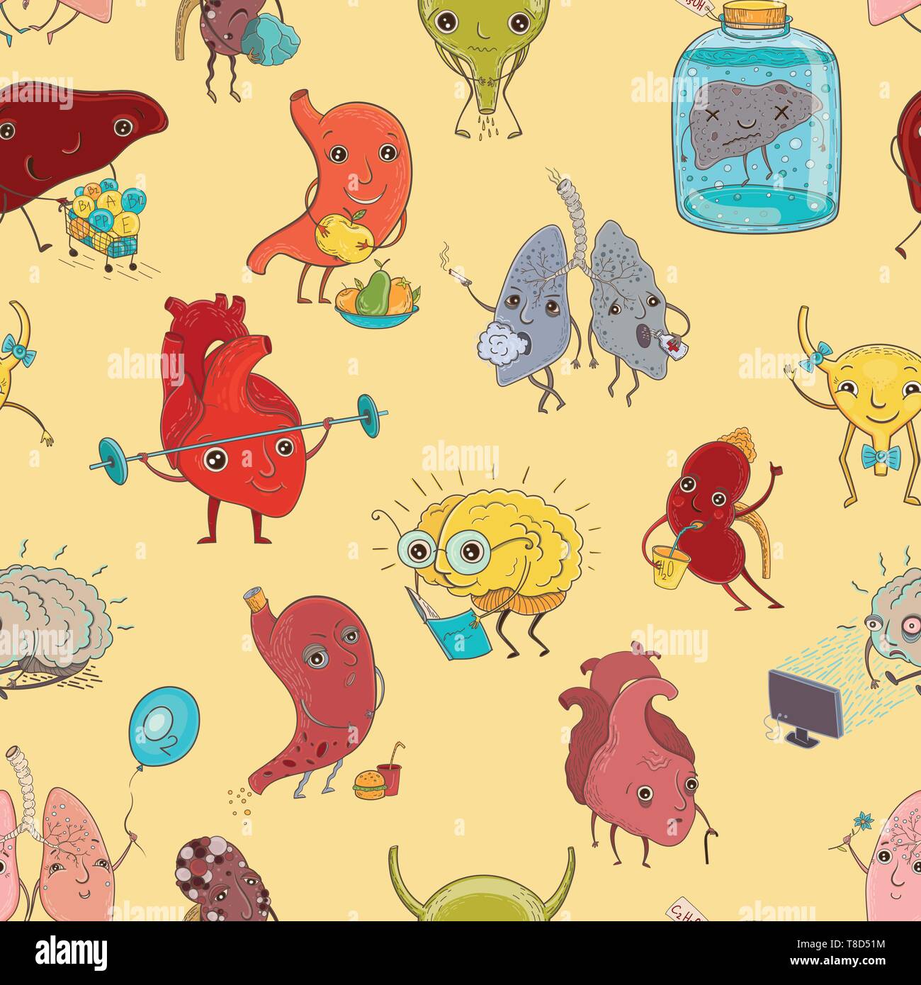 Vector seamless pattern with illustration of human healthy and sick ...